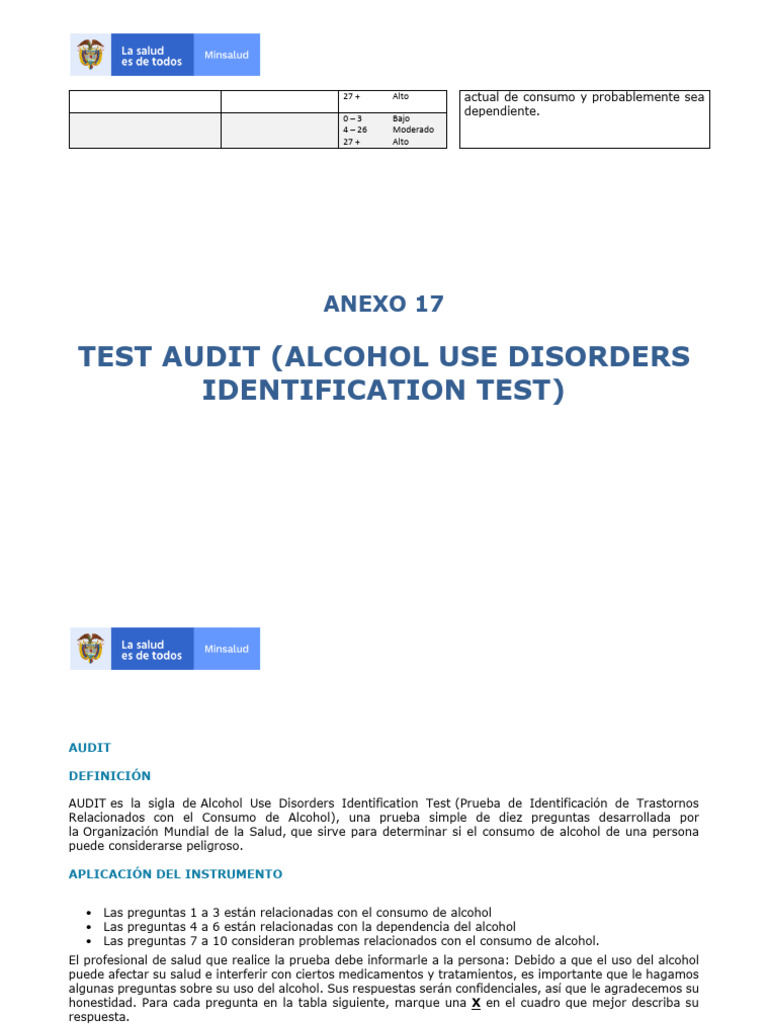 Test AUDIT: Evaluación del Consumo de Alcohol | PDF | Bebidas ...