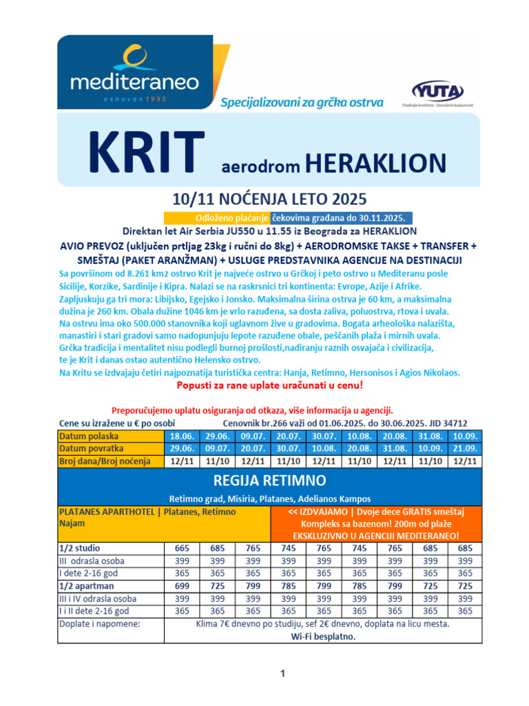 Cenovnik Krit HERAKLION Leto 2025 | PDF
