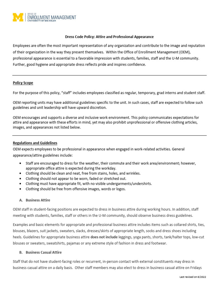 OEM Dress Code Policy | PDF | Clothing | Human Appearance