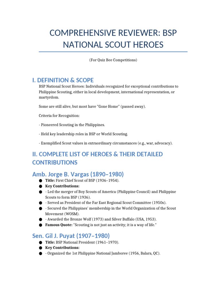 BSP National Scout Heroes Reviewer Formatted | PDF | Scouting | Outdoor ...