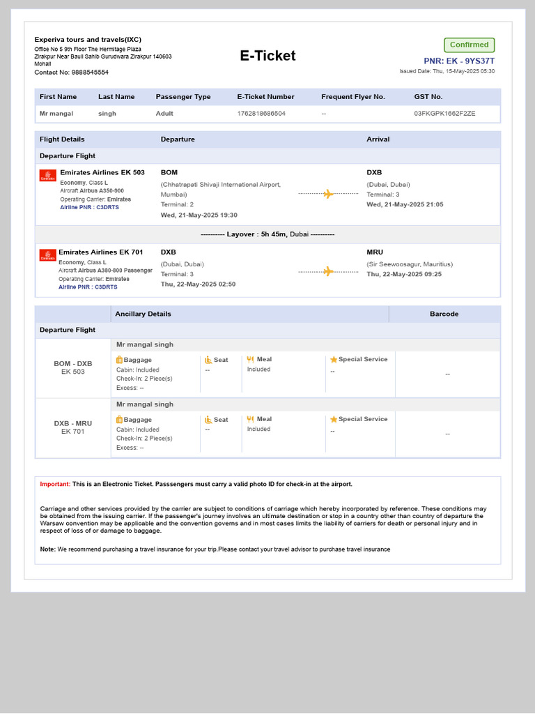 E-Ticket | PDF | Emirates (Airline) | Transport