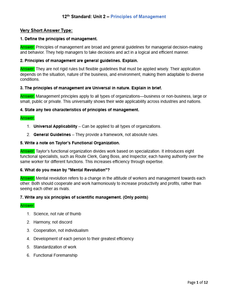 Class 12 - Buisness Studies (Unit 2 Principles of Management) | PDF | Business | Economies