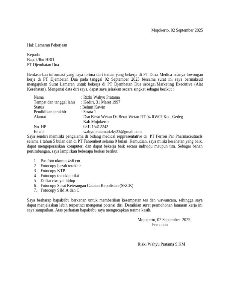 Surat Lamaran Kerja Rizki Wahyu Pratama | PDF