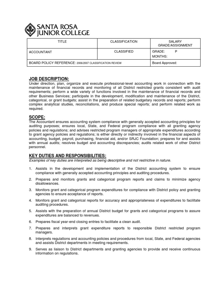 Accountant Job Description and Duties | PDF | Grant (Money) | Accounting