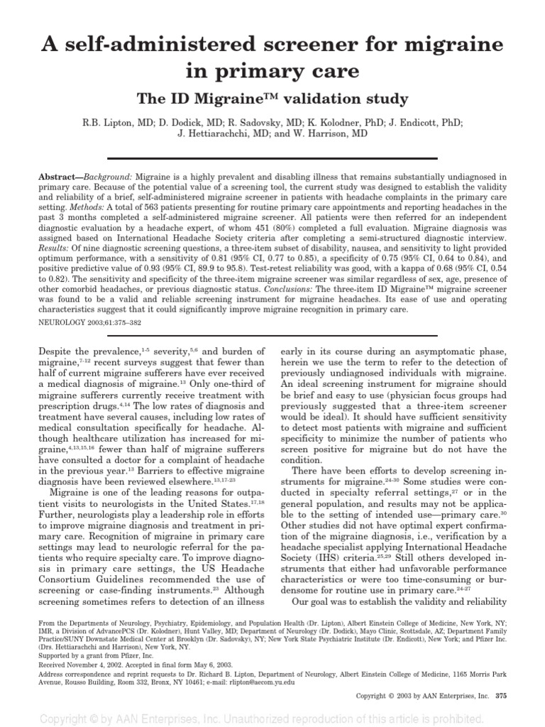A Self-Administered Screener For Migraine in Primary Care The ID ...