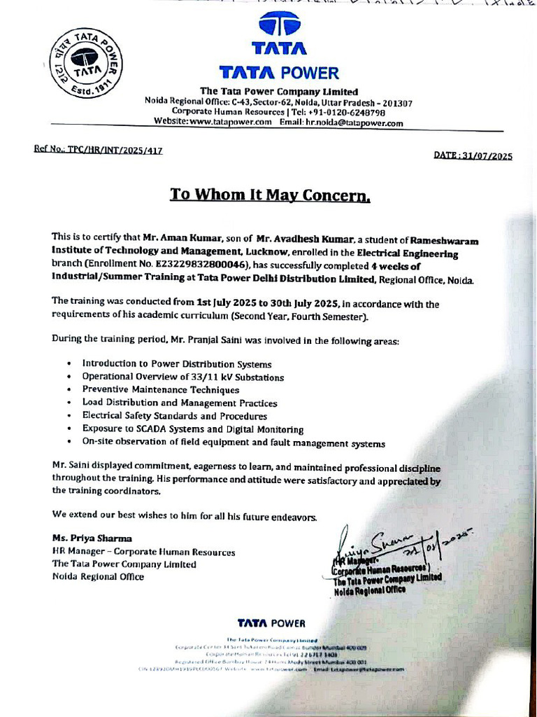 Tata Corporation Certificate | PDF