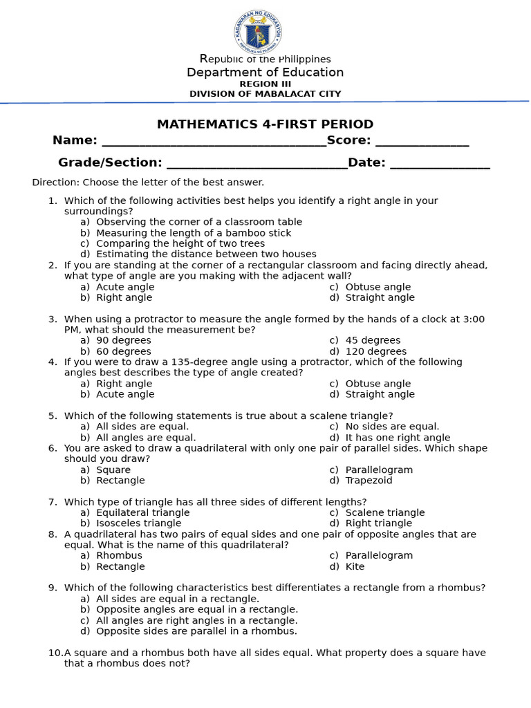 Mathematics 4 First Period Exam Guide | PDF | Rectangle | Triangle