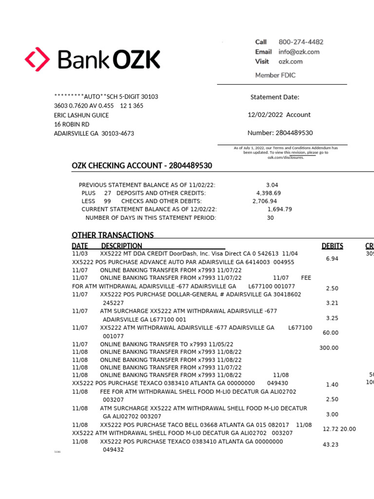November Bank Statement | PDF | Debit Card | Banks