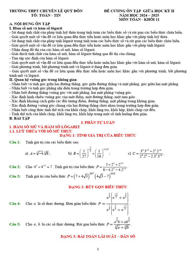 De Cuong Gk2 Toan 11 Nam 2024 2025 Truong Chuyen Le Quy Don Lai Chau | PDF