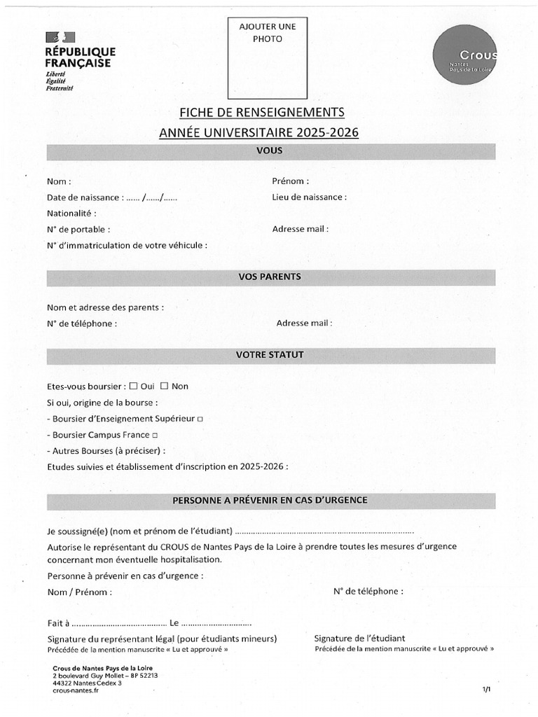Fiche de Renseignements 2025 2026 | PDF