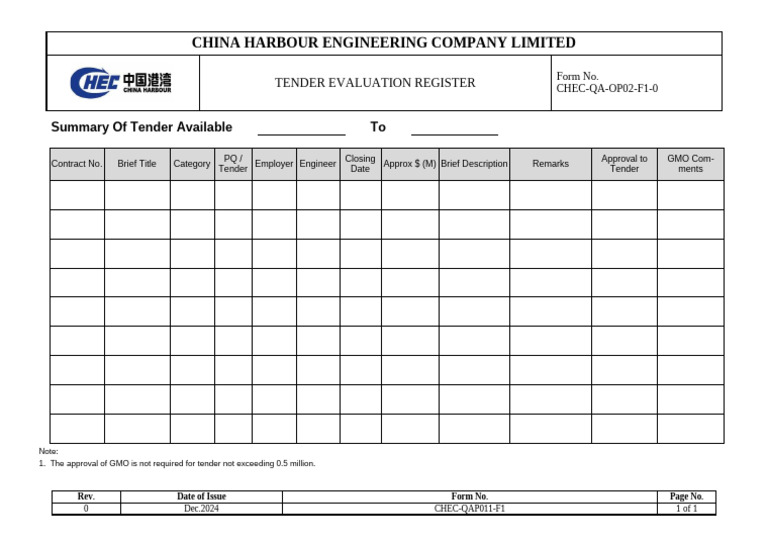 QAP011-F1 - Tender Evaluation Form | PDF