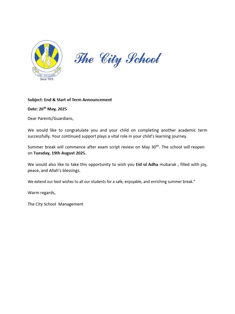 End of Term & Summer Break Notice | PDF