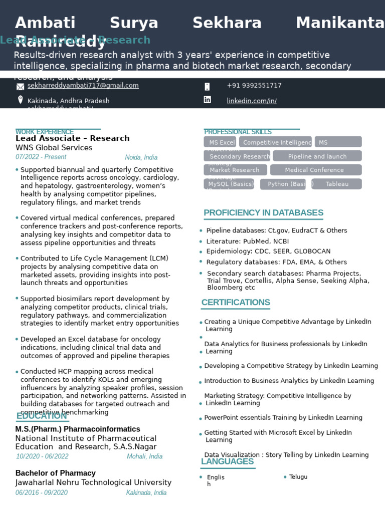 CV - Ambati Surya Sekhara Manikanta Ramireddy - Pharma CI | PDF ...