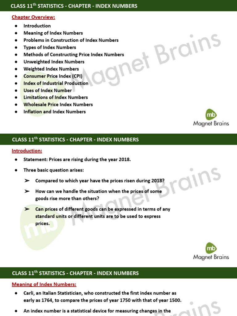 Class 11th Statistics - Chapter - Index Numbers | PDF | Cost Of Living ...