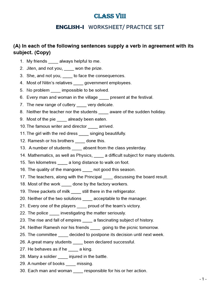 Class VIII English I worksheet for class 8 | PDF