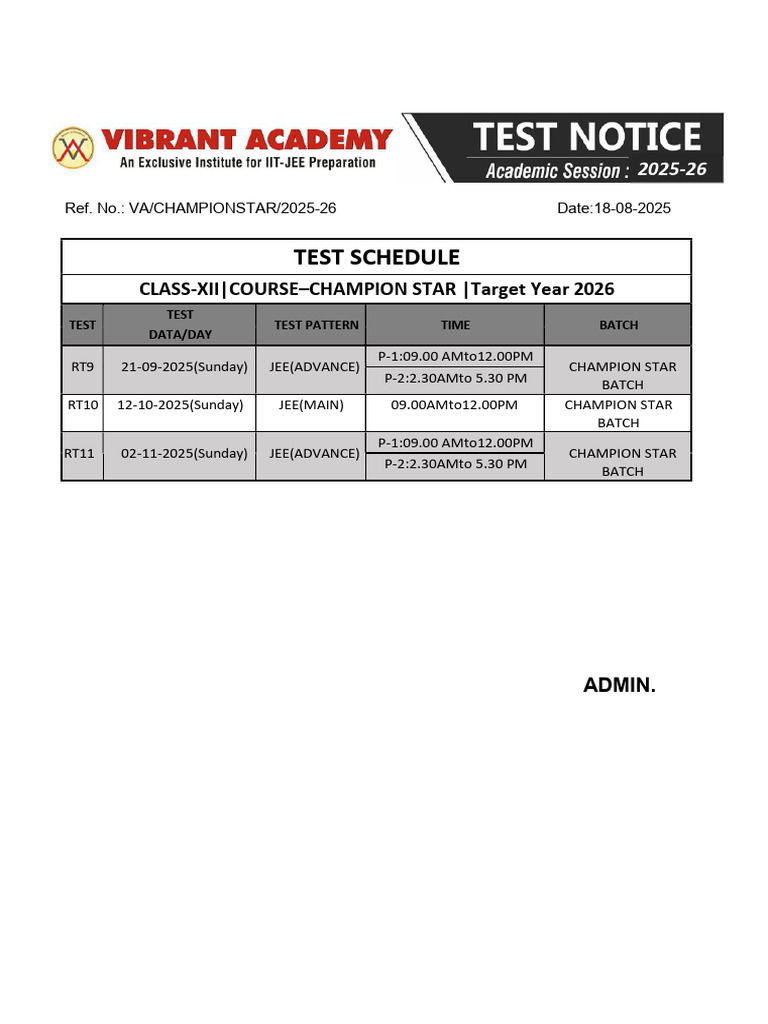 Test Schedule IIX Champ. | PDF