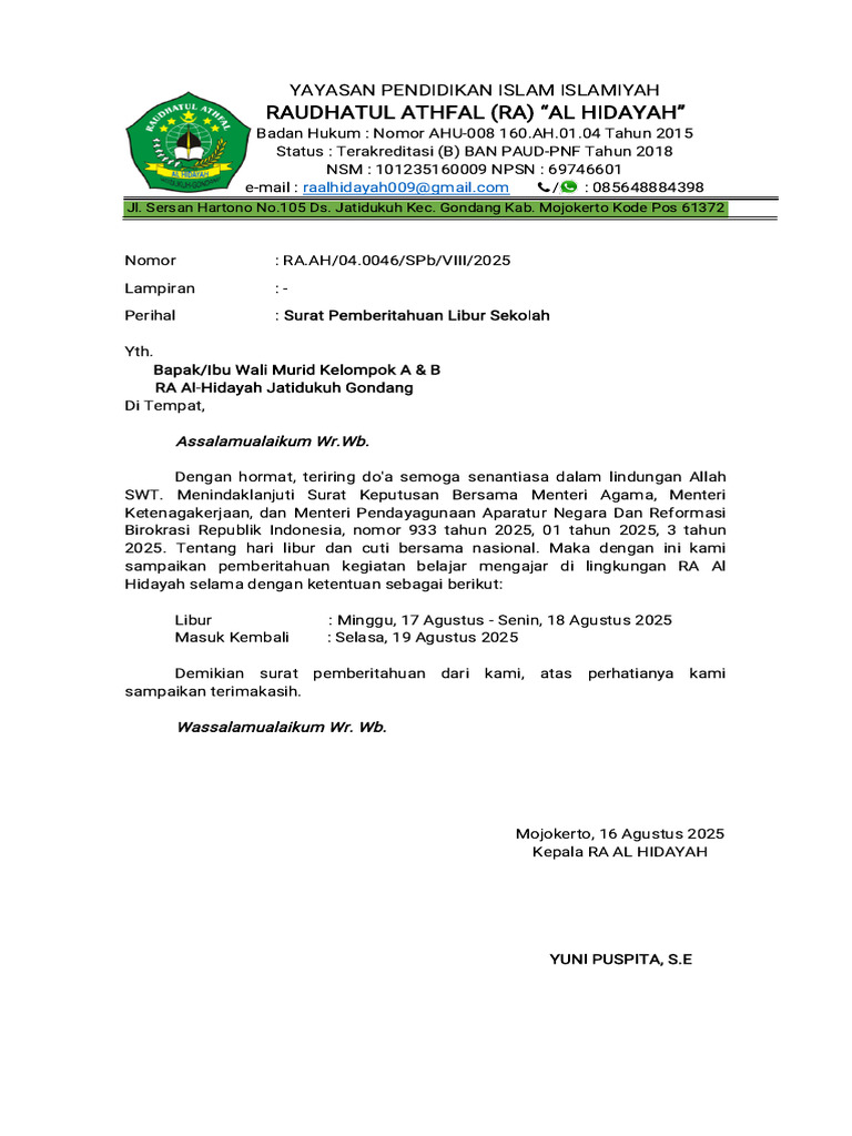 Surat pemberitahuan libur 17 agustus | PDF