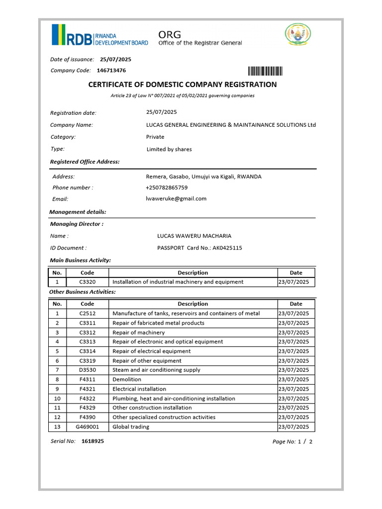 RDB Business Activities Code Registration | PDF | Taxes | Value Added Tax