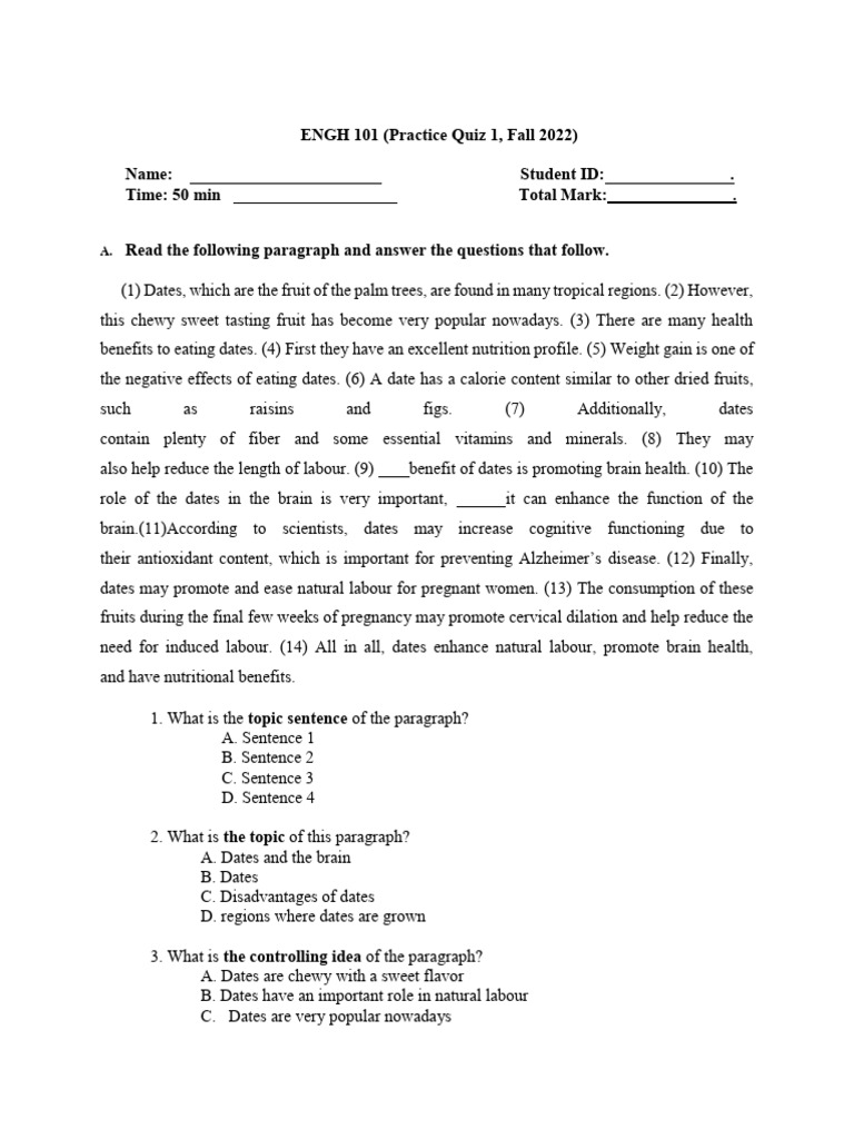 ENGH 101 Fall 2022 Practice Quiz | PDF | Hygiene