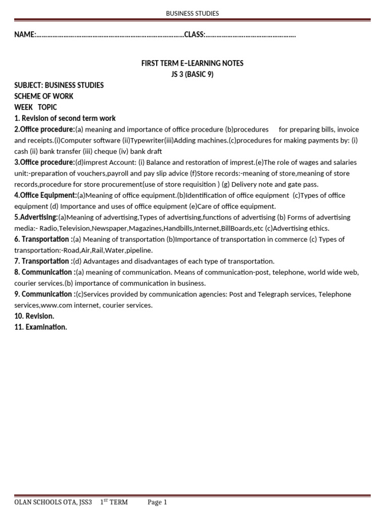 Basic 9 Bus Studies 1st Term E-Notes | PDF | Cheque | Invoice