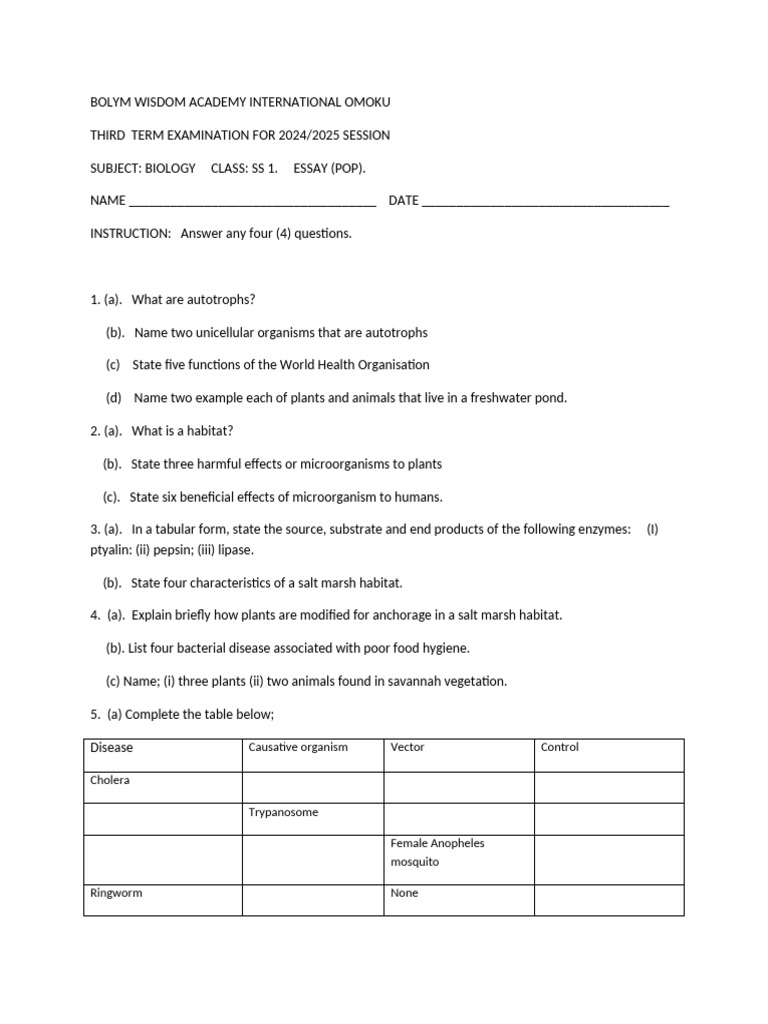 SS 1 Biology POP Exam Questions 3rd Term | PDF