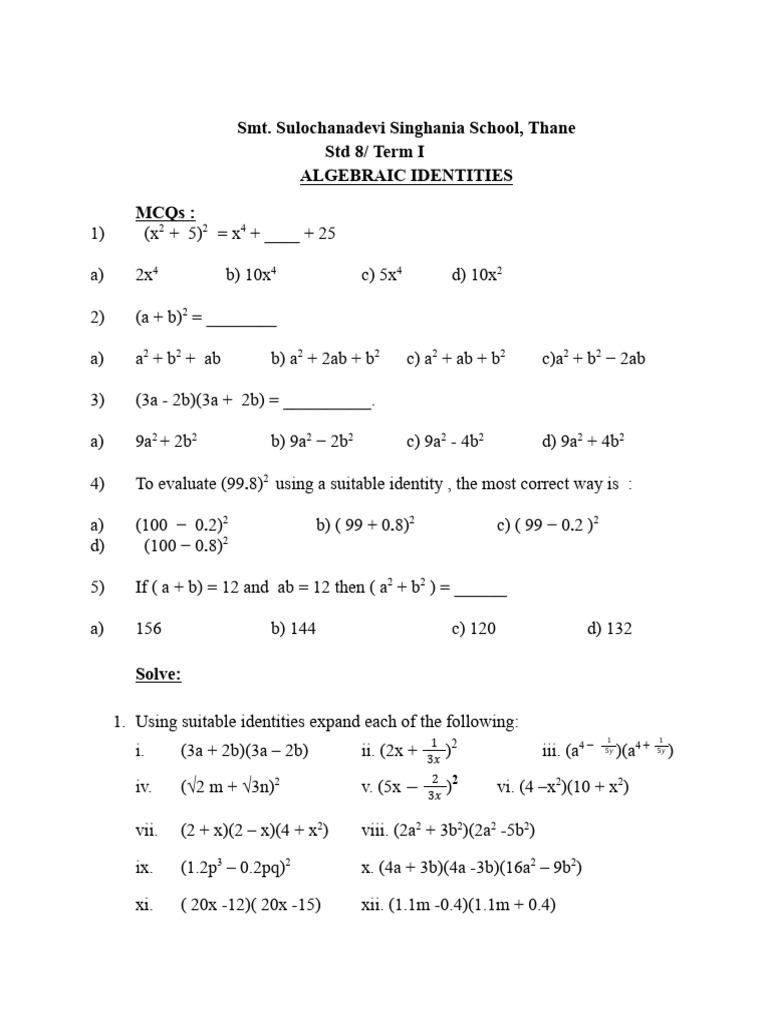 Std 8 Algebraic Identities Ws | PDF | Chess | Chess Theory