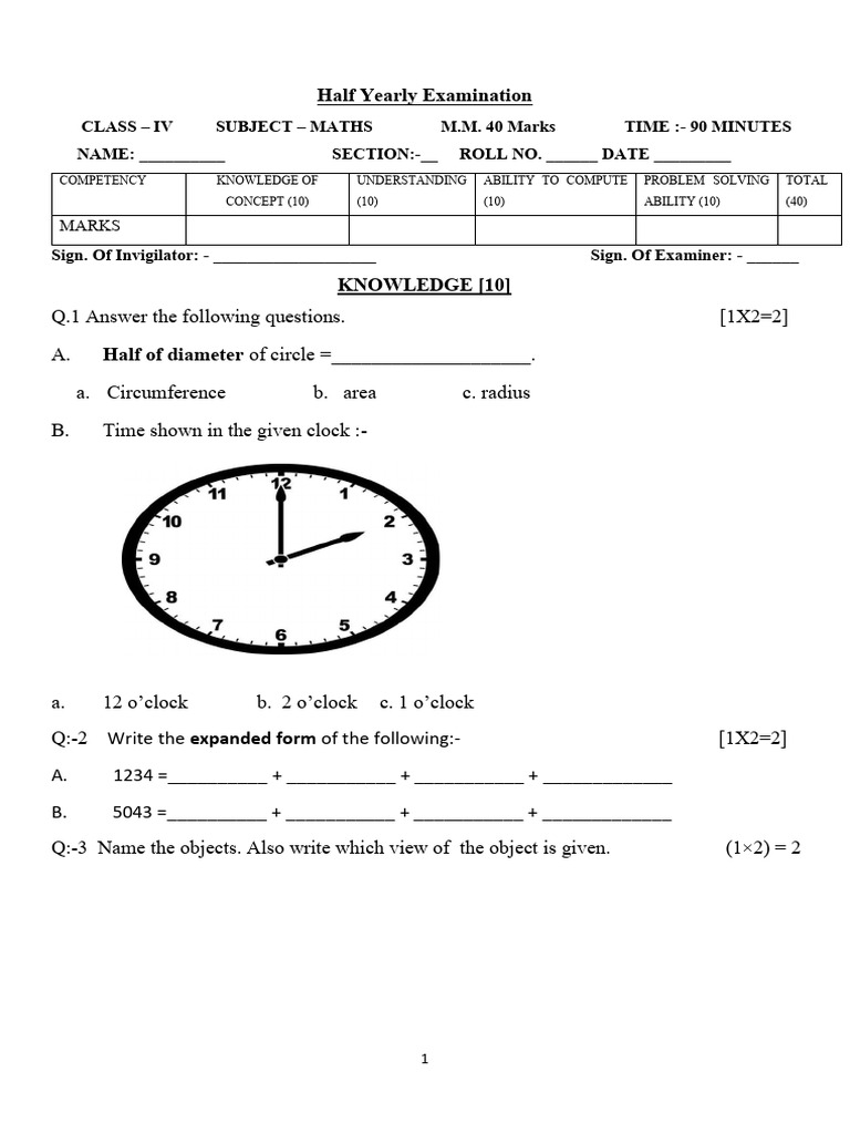 KV Class 4 Question Paper | PDF | Area