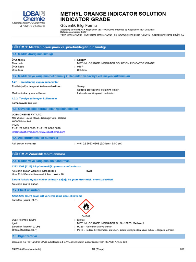 Msds Methyl Orange Indicator Solution Casno 04671 TR - Aspx | PDF