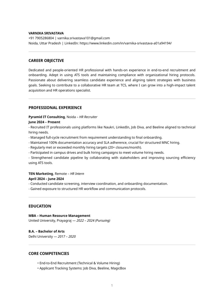 Varnika Resume Tcs Ready | PDF | Recruitment | Human Resource Management