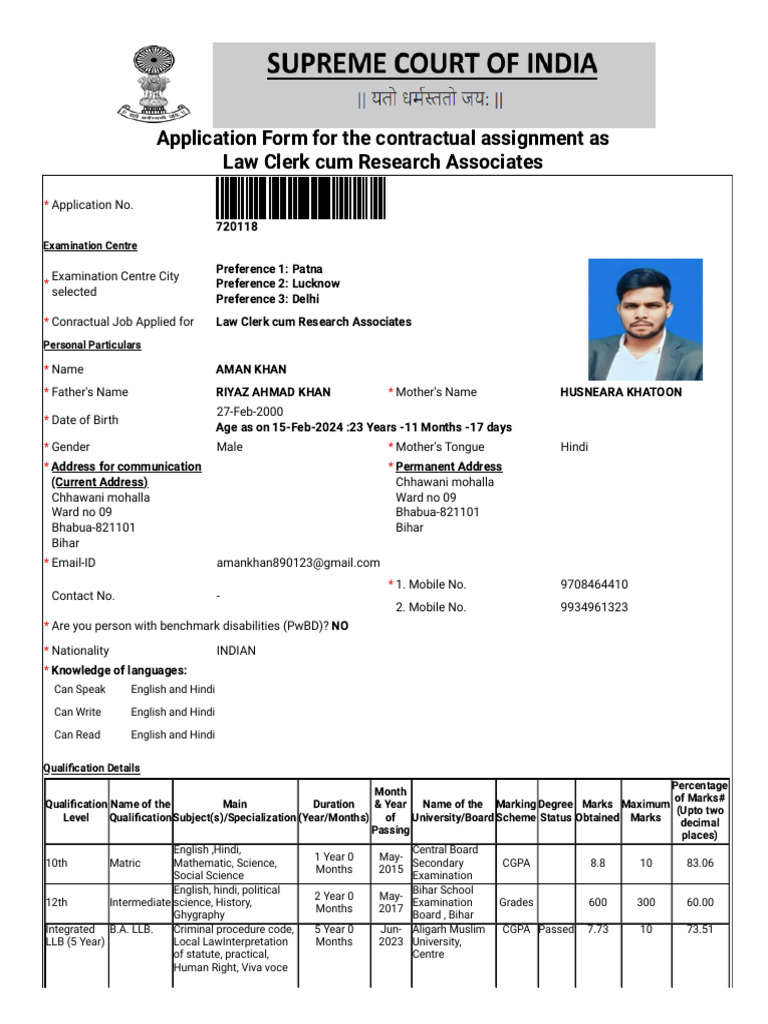 Law Clerk Application Form - Aman Khan | PDF | Advocate