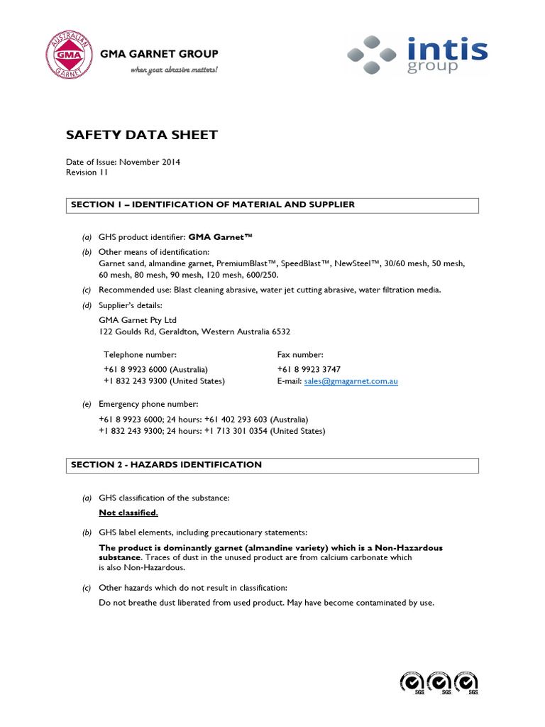 GMA Garnet - Safety Data Sheet | PDF | Safety | Occupational Safety And ...