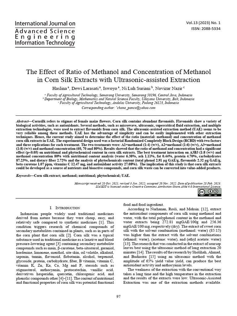 Methanol Ratio Effects on Corn Silk Extracts | PDF