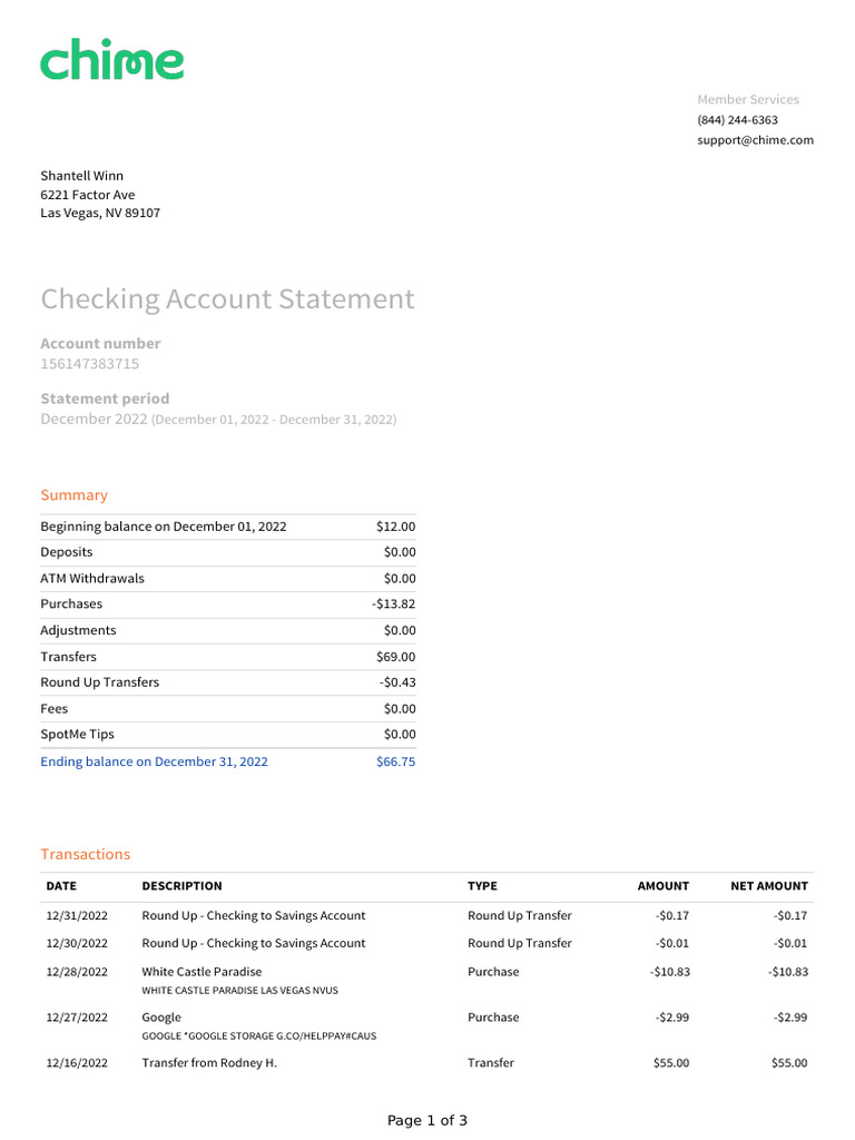 Chime Bank Statement - December 2022 | PDF | Transaction Account ...
