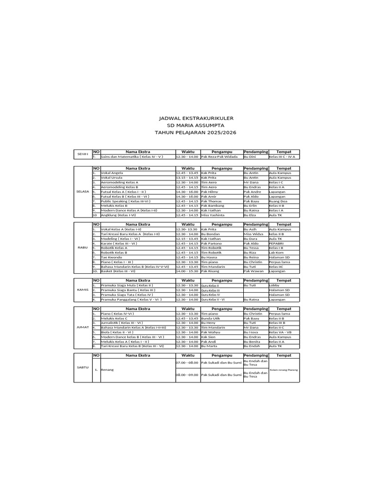 Jadwal Ekstra Dan Jenis Ekstra TA 2025 - 2026 - Revisi | PDF