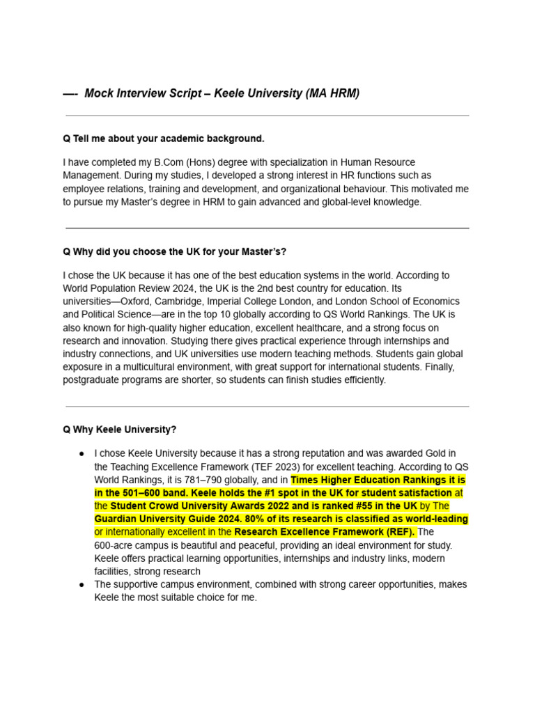 Mock Interview Script - Keele University (MA HRM) | PDF | Cost Of Living | Human Resource Management