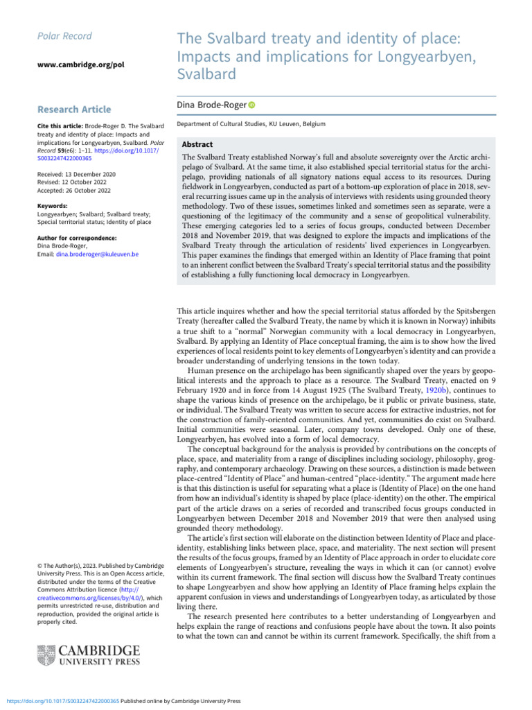 Brode-Roger - 2023 - The Svalbard Treaty and Identity of Place | PDF