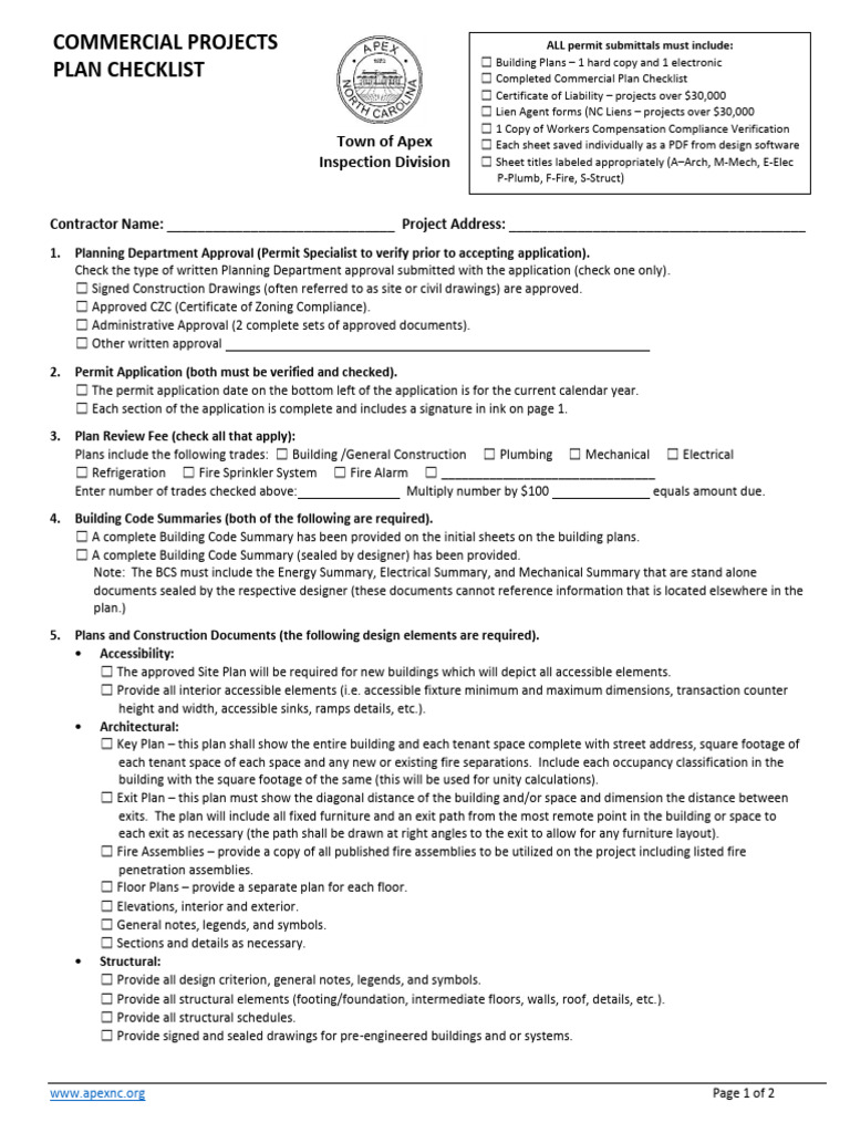 Apex NC Commercial Plan Checklist | PDF | Building Code | Building ...