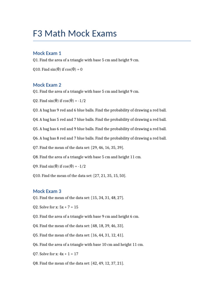 F3 Math Mock Exams | PDF