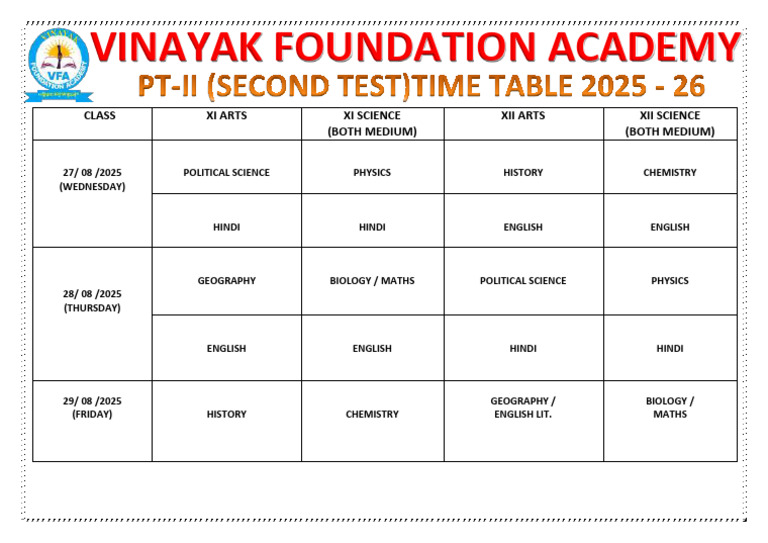 Class 11 To 12 Second Test Time Table 2025-2026 | PDF