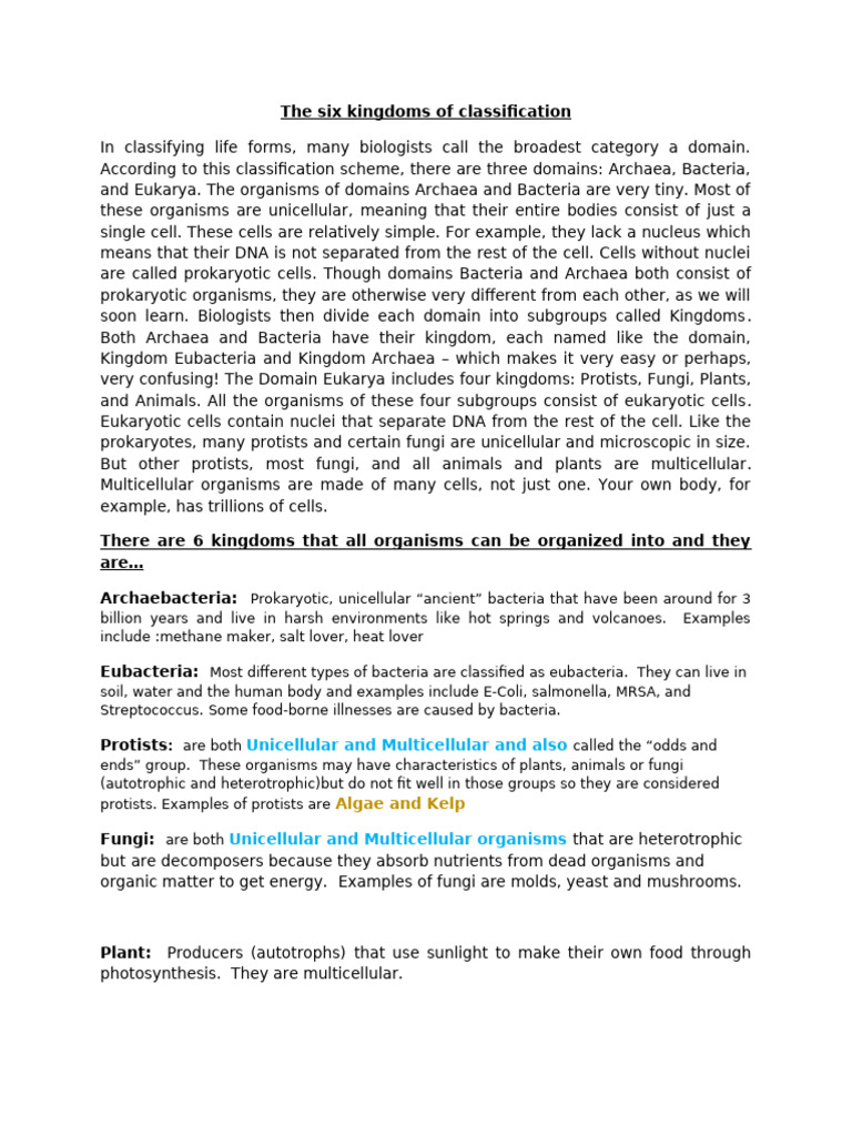 The Six Kingdoms of Classification Reading Compre | PDF | Bacteria ...