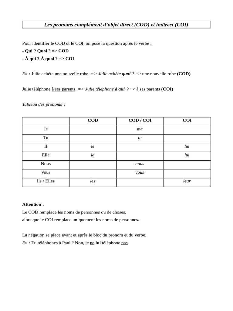 Pronoms COD et COI en français | PDF | Complément d'objet | Pronom