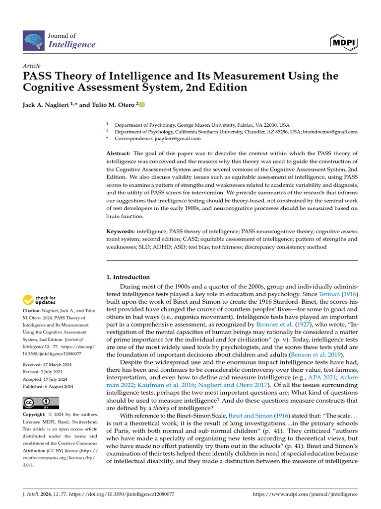 PASS Theory of Intelligence Overview | PDF | Attention | Wechsler Adult ...