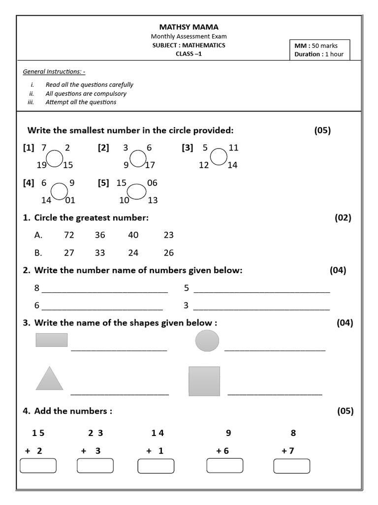 Class 1 Monthly Math Assessment Exam | PDF | Chess Theory | Chess