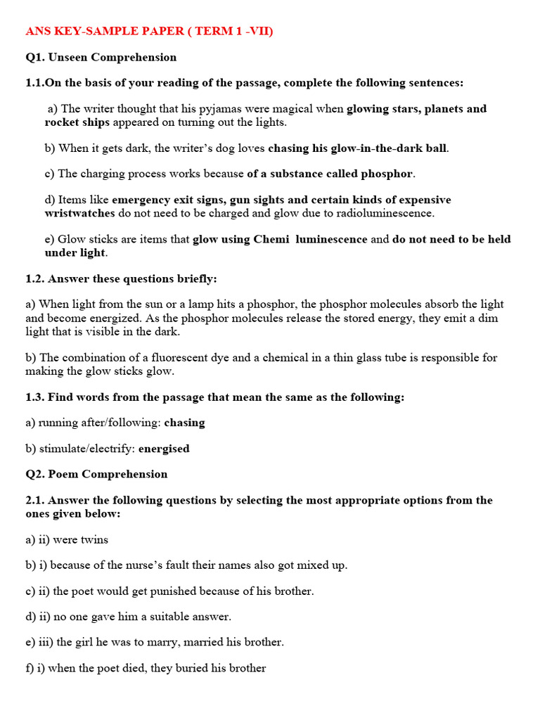 ANS KEY-Sample Paper - VII (Term 1) | PDF