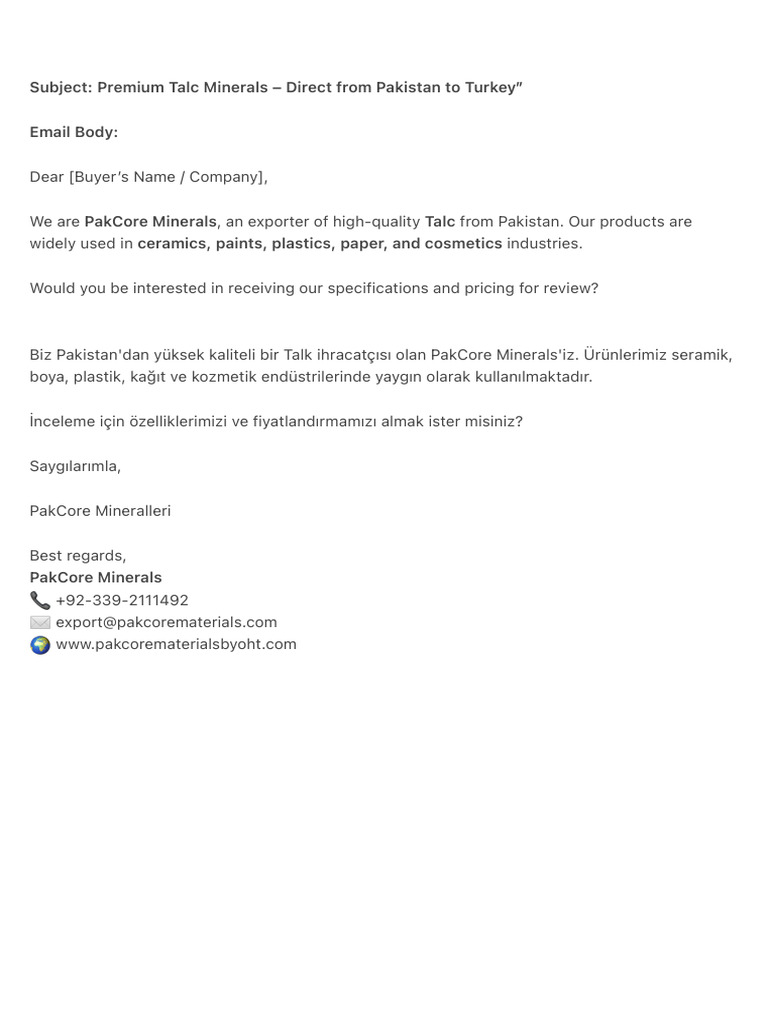 Subject - Premium Talc Minerals - Direct From Pakistan To Turkey" | PDF