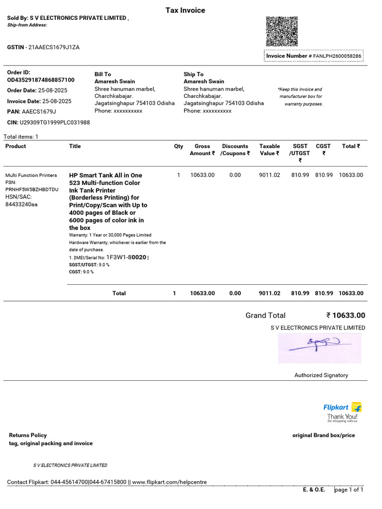 HP Smart Tank Printer Invoice Details | PDF | Payments