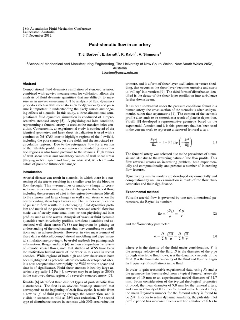 Barber - Post-Stenotic Flow in An Artery | PDF | Shear Stress | Fluid ...