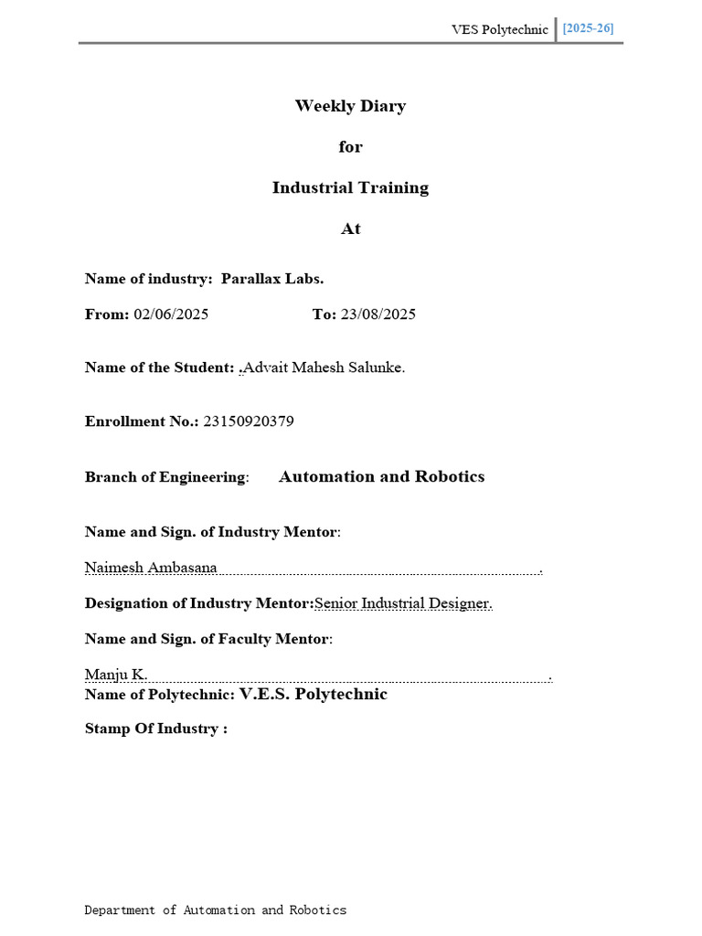 Weekly Diary: Industrial Training 2025 | PDF