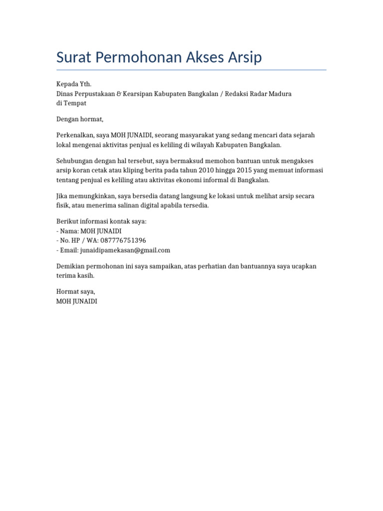 Surat Permohonan Arsip Koran MOH JUNAIDI | PDF