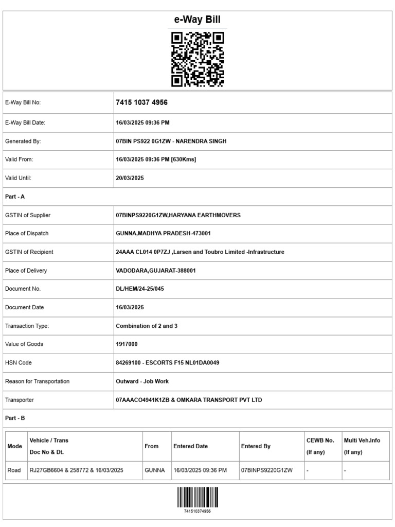 E-Way Bill System Job Work LNT c6 f15 Anand 0049 | PDF